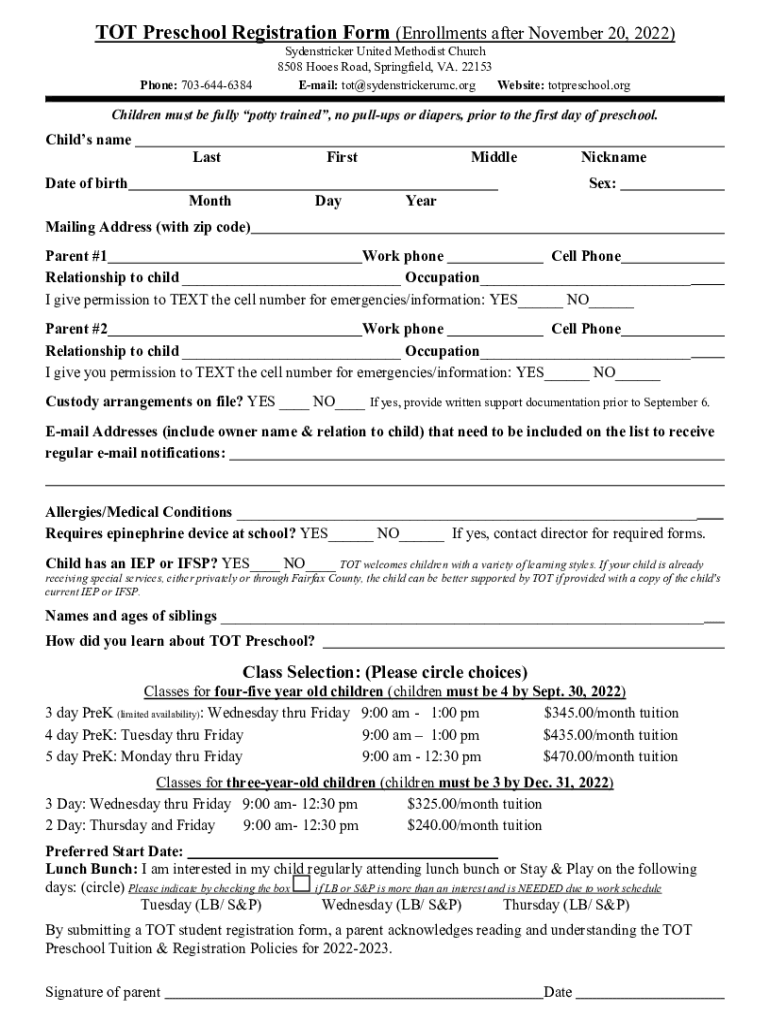 Fillable Online TOT Preschool Registration Form (Enrollments after ... - AWS Fax Email Print ...