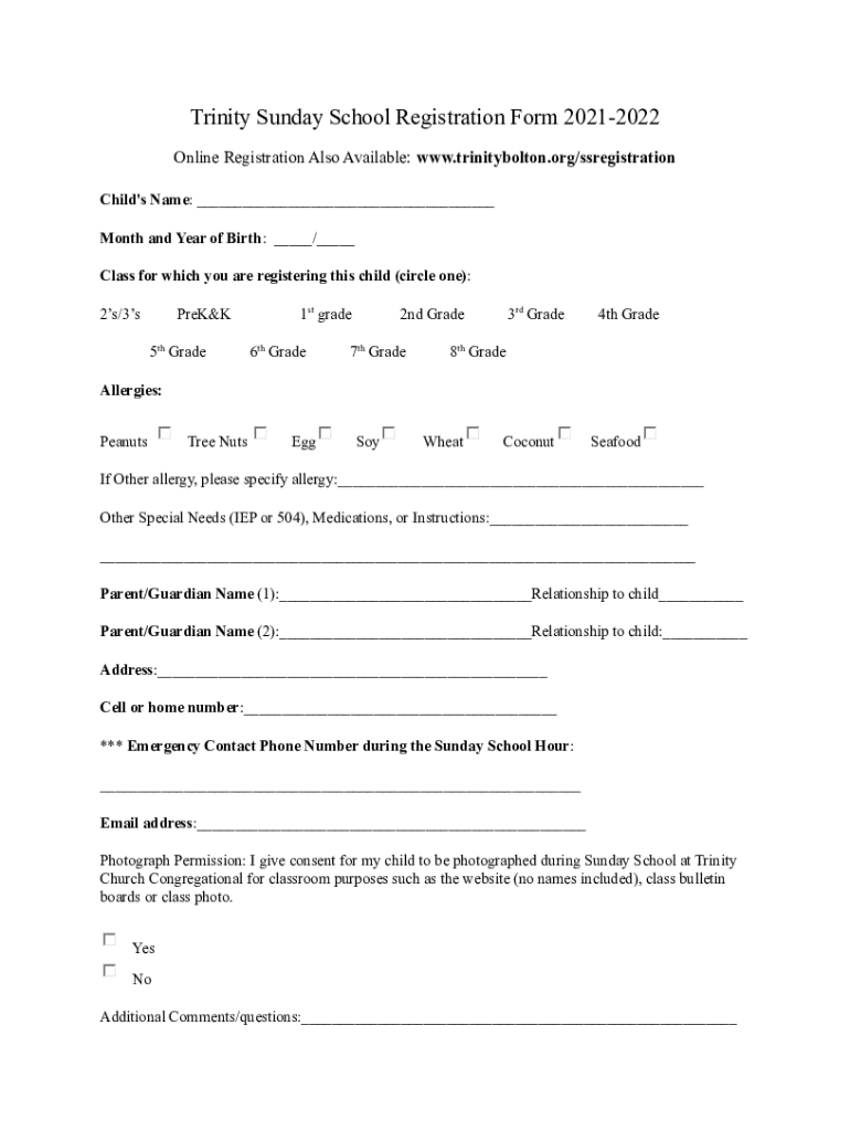 Fillable Online Sunday School Child Registration - Trinity Church Fax Email Print - pdfFiller