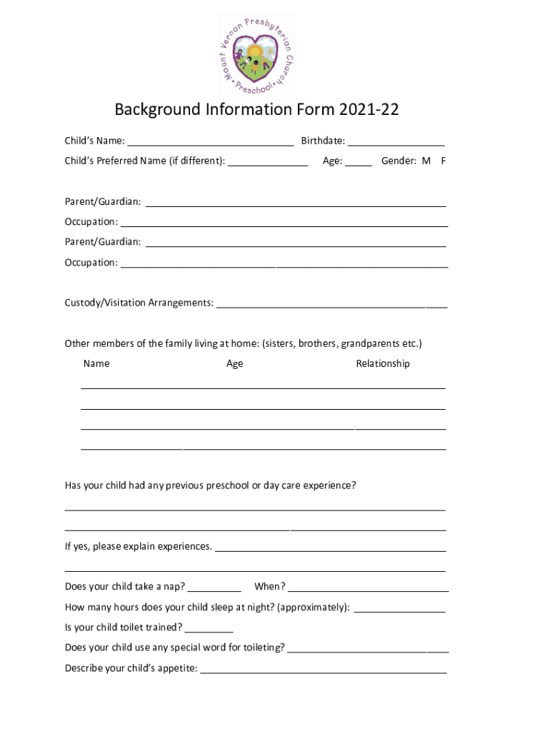 Fillable Online Background Information Form 2021-22 - AWS Fax Email ...