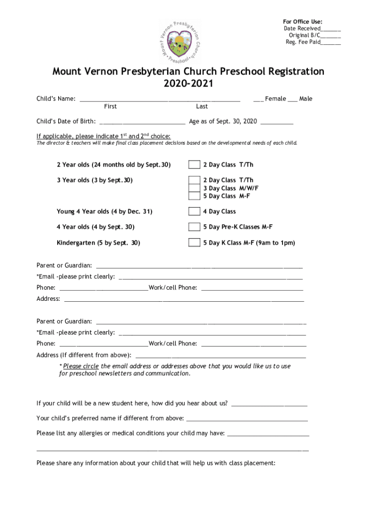 Fillable Online Clinton Presbyterian Church Preschool Registration Form ...
