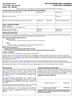 Fillable Online pre-authorized debit agreement - payor's pad agreement ...