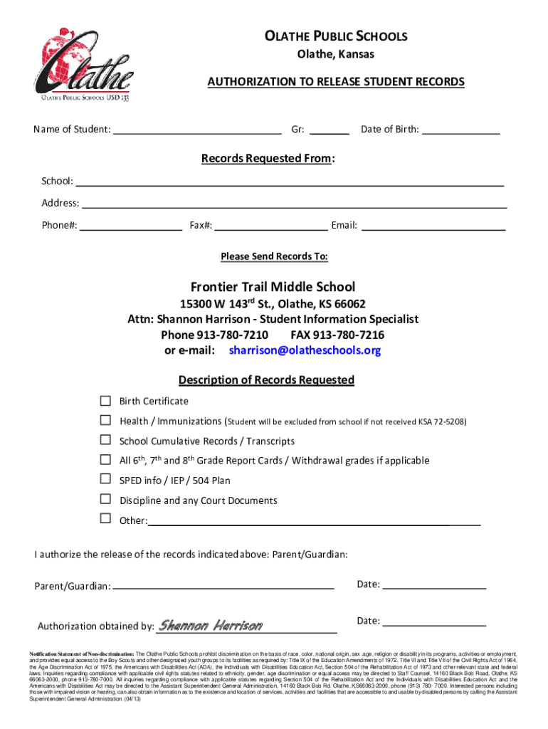 Fillable Online Authorization to Release Student Records Fax Email Print - pdfFiller