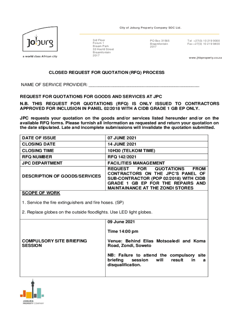 Fillable Online Jhbproperty Co Closed Request For Quotation Rfq