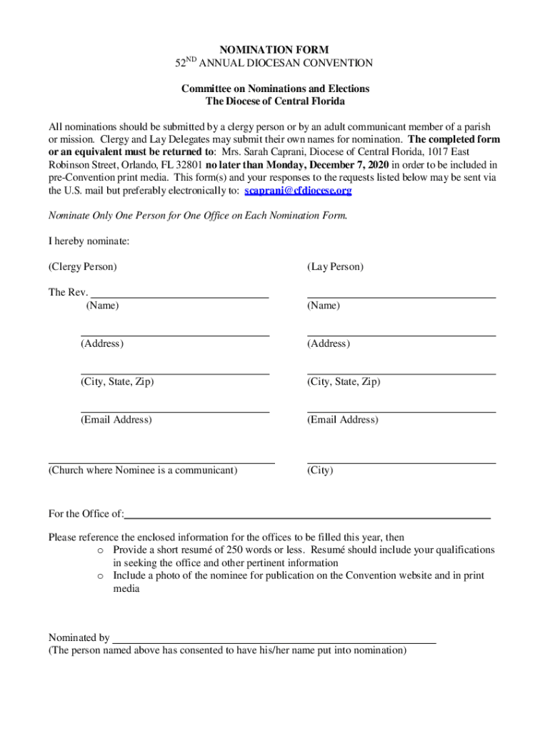Fillable Online Nomination Form - Episcopal Diocese of Central Florida ...