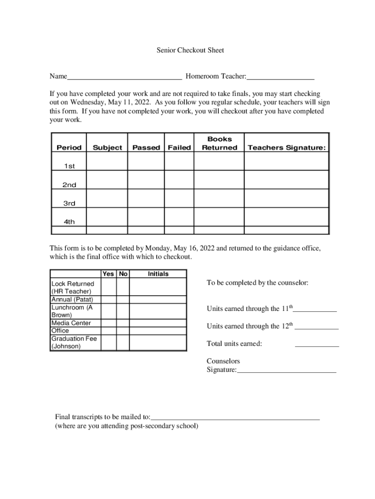 Fillable Online Senior Checkout Sheet Fax Email Print - pdfFiller