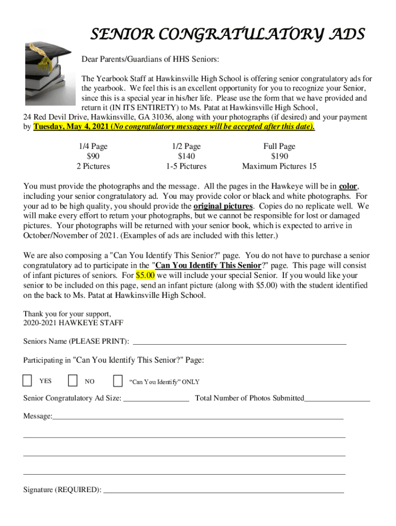 Fillable Online Senior Congratulatory Ads - Pulaski County Schools Fax Email Print - pdfFiller