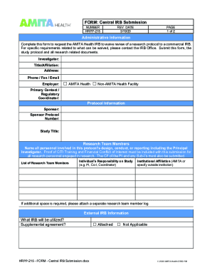 Fillable Online FORM: Central IRB Submission NonAMITA Health Facility Fax Email Print - pdfFiller