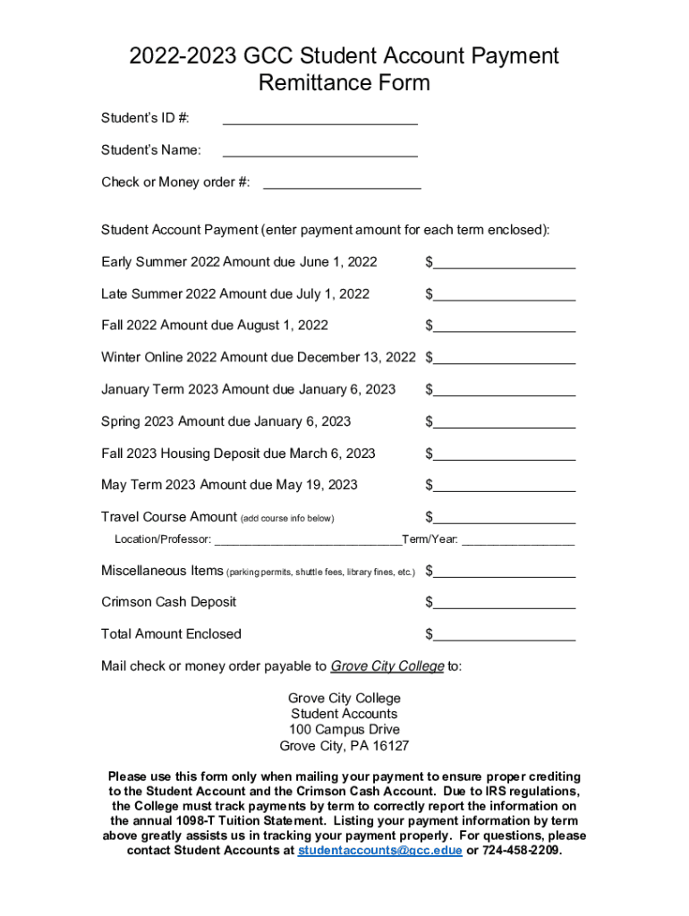 Fillable Online 2022-2023 GCC Student Account Payment Remittance Form ...