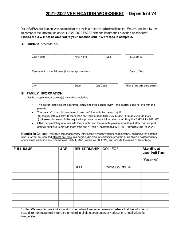 Fillable Online 2021-2022 VERIFICATION WORKSHEET Dependent V4 Fax Email Print - pdfFiller
