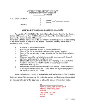 Fillable Online Verified Motion For Admission Pro Hac Vice LF7Missouri ...