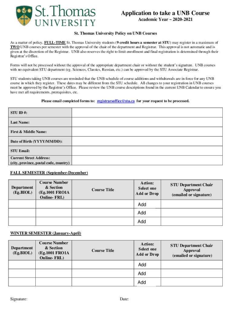 Fillable Online Application to take a UNB Course Fax Email Print ...