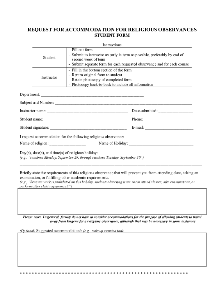 Fillable Online registrar uoregon Request for Accommodation for Religious Observances - Student ...