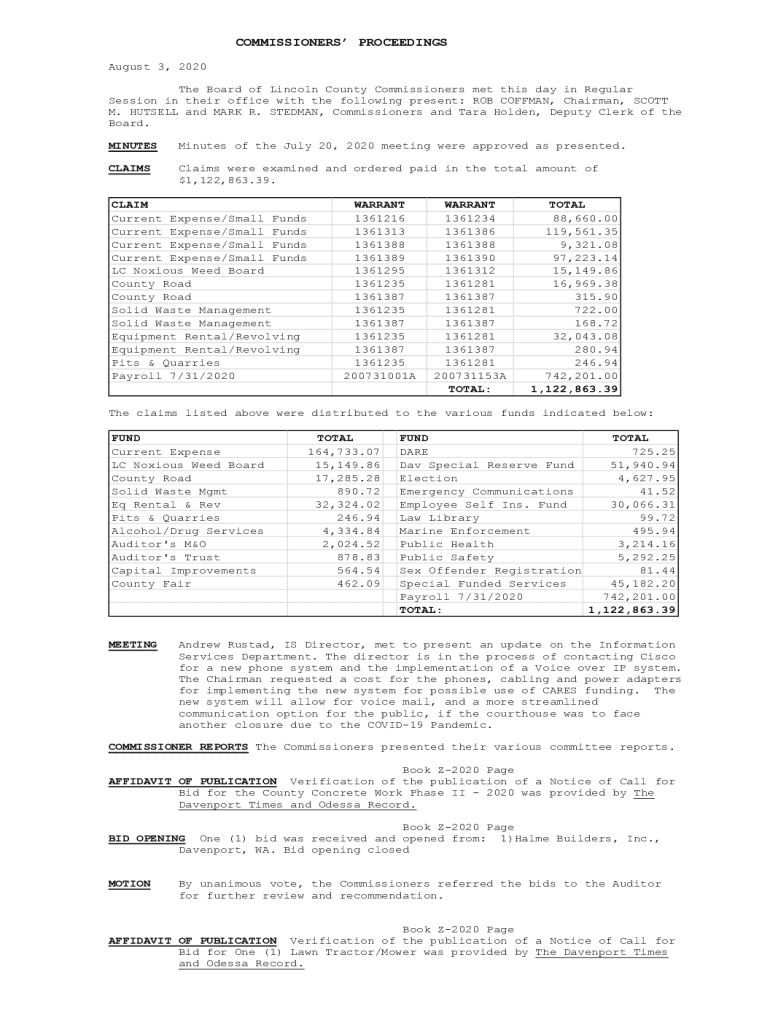 Fillable Online STEDMAN, Commissioners and Tara Holden, Deputy Clerk of ...