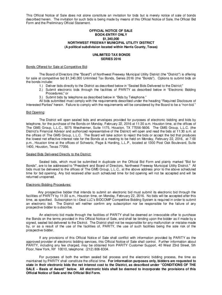 Fillable Online This OFFICIAL NOTICE OF SALE does not alone constitute ...