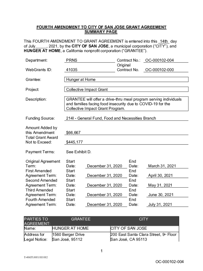 Fillable Online fourth amendment to city of san jose grant agreement Fax Email Print - pdfFiller