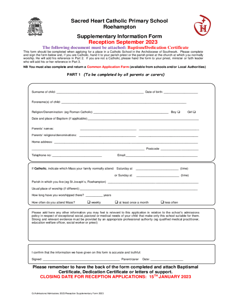 Fillable Online Sacred Heart Catholic Primary School Roehampton - SIF ...