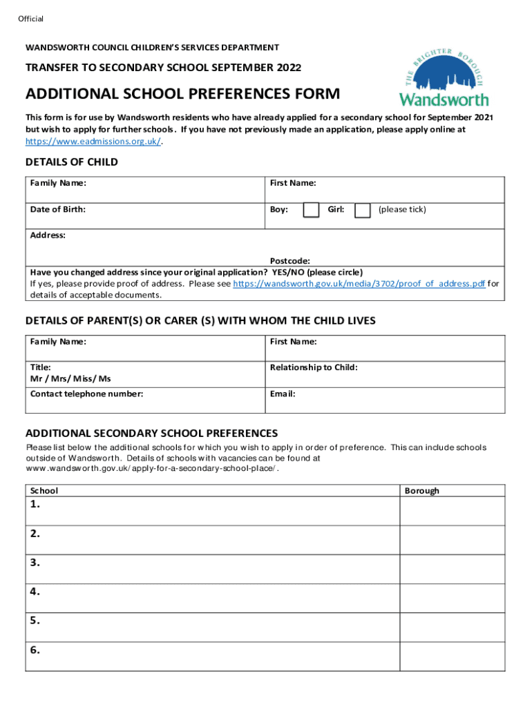 Fillable Online Transfer to secondary school - Additional school preferences form Fax Email ...