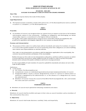 Fillable Online code of ethics bylaw - rural municipality of north qu ...