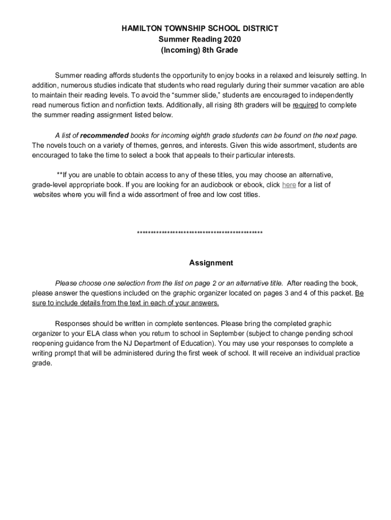 Fillable Online 8th grade summer reading letter - SharpSchool Fax Email ...