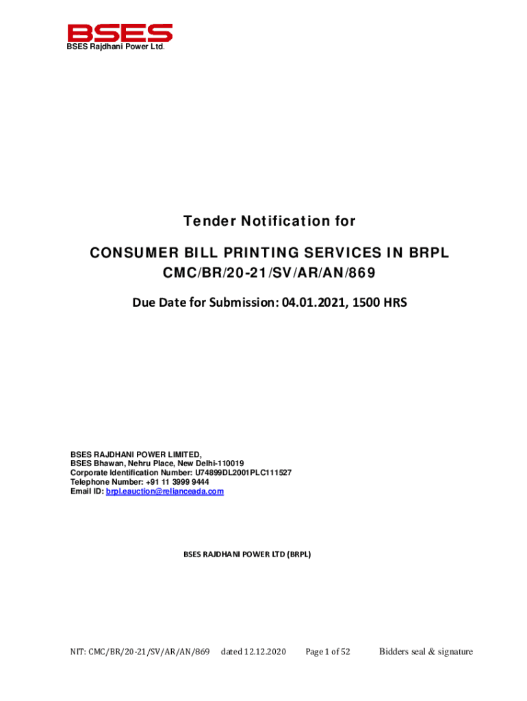 Fillable Online Tender Notification for CONSUMER BILL PRINTING ... Fax ...
