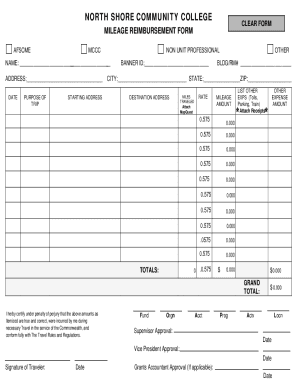 Fillable Online north shore community college - mileage reimbursement form Fax Email Print ...