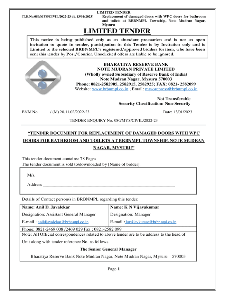 Fillable Online Tender No. 049 Supply and Fixing PVC Door At BRBNMPL ... Fax Email Print - pdfFiller