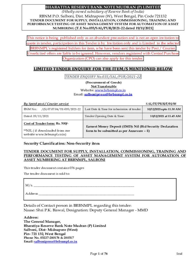 Fillable Online TENDER DOCUMENT FOR SUPPLY, INSTALLATION, COMMISSIONING ...