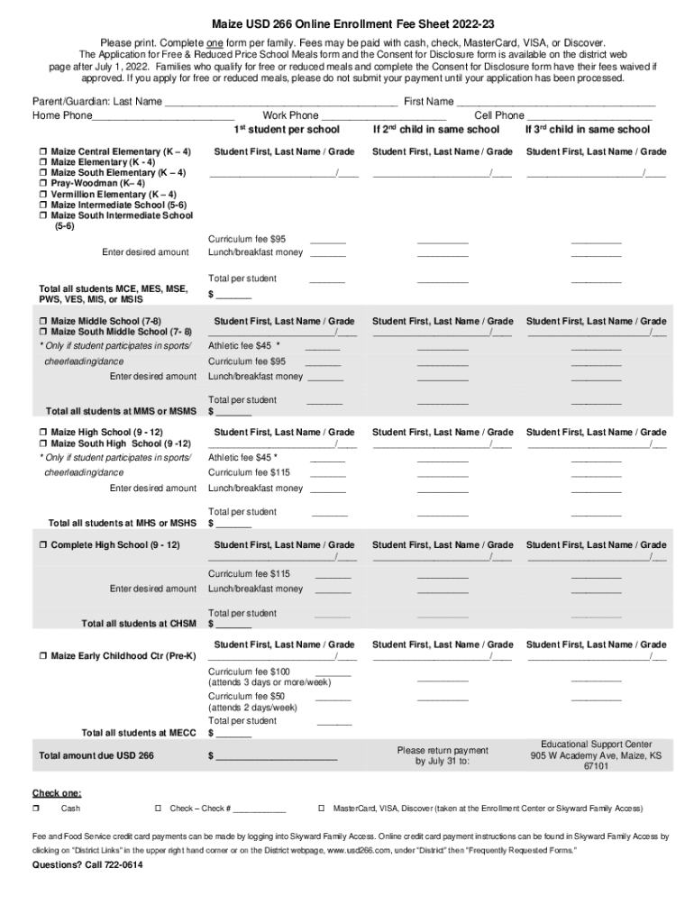 Fillable Online Maize USD 266 1-Stop Enrollment Payment Sheet Fax Email ...