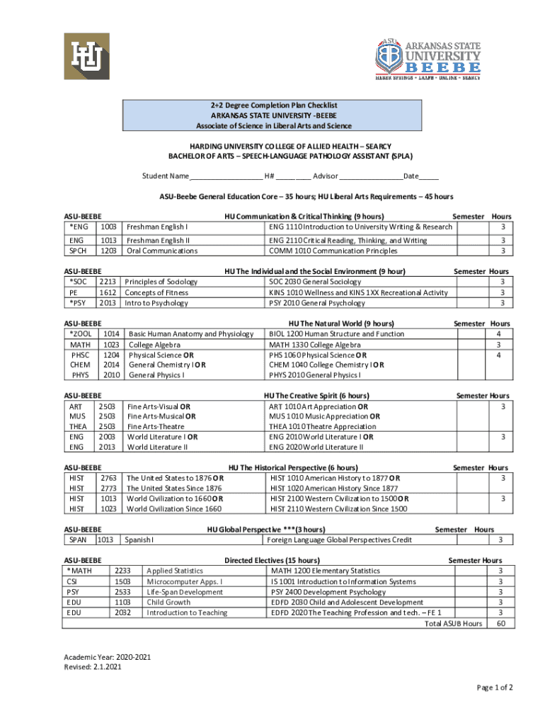 Fillable Online 2+2 Degree Completion Plan Checklist ASUB: Associate of ...