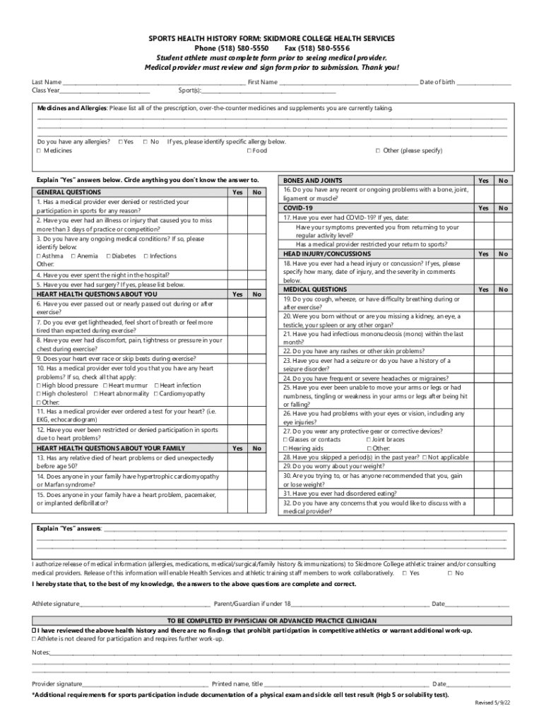 Fillable Online SPORTS HEALTH HISTORY FORM: SKIDMORE COLLEGE ... Fax ...