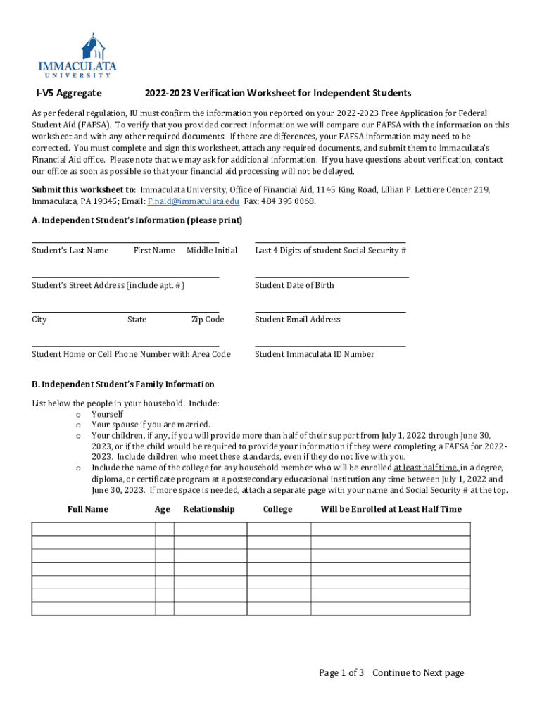 Fillable Online I-V5 Aggregate 2022-2023 Verification Worksheet for ... Fax Email Print - pdfFiller