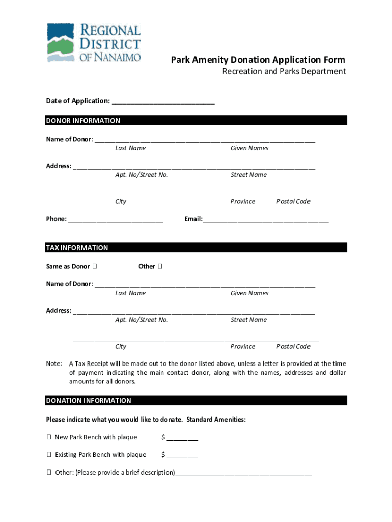 Fillable Online City of Coquitlam Park Amenity Donations Application ...
