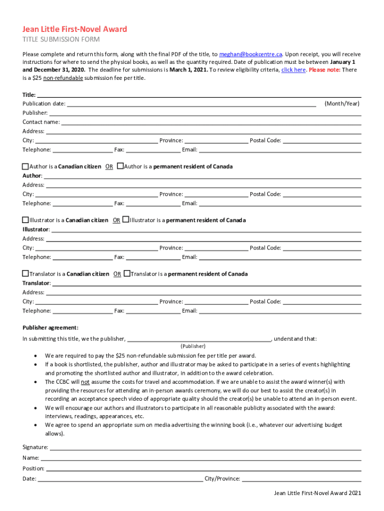 Fillable Online Jean Little First-Novel Award - Canadian Children's Book Centre Fax Email Print ...