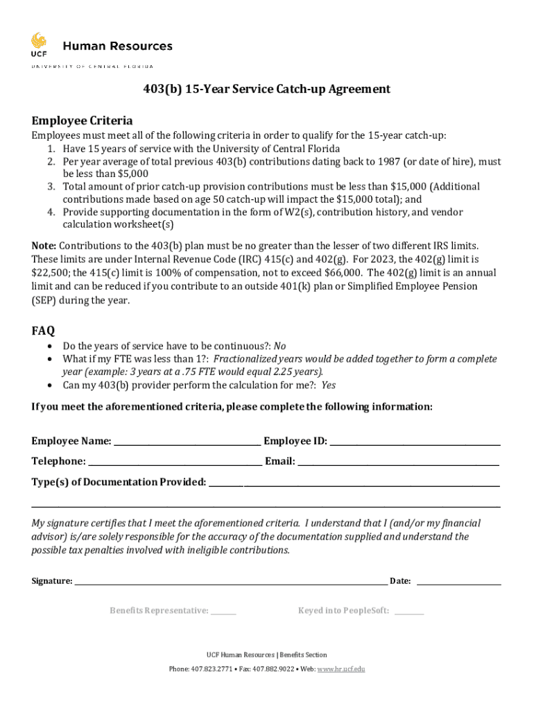Fillable Online hr ucf 403(b) 15-Year Service Catch-up Agreement ...