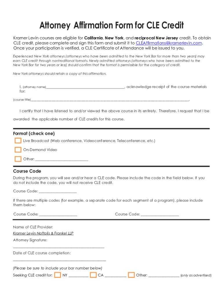 Fillable Online Attorney Affirmation for CLE Credit - Pro Bono ...