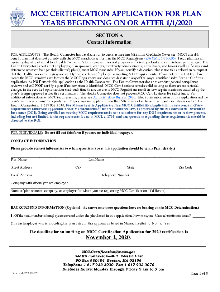 Fillable Online MCC Certification Application for Plan Years Beginning On or ... Fax Email Print ...