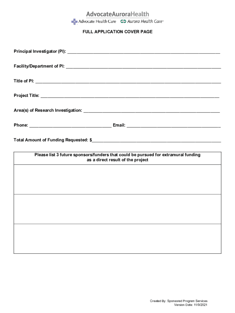 Fillable Online FULL APPLICATION COVER PAGE Principal Investigator (PI) Fax Email Print - pdfFiller