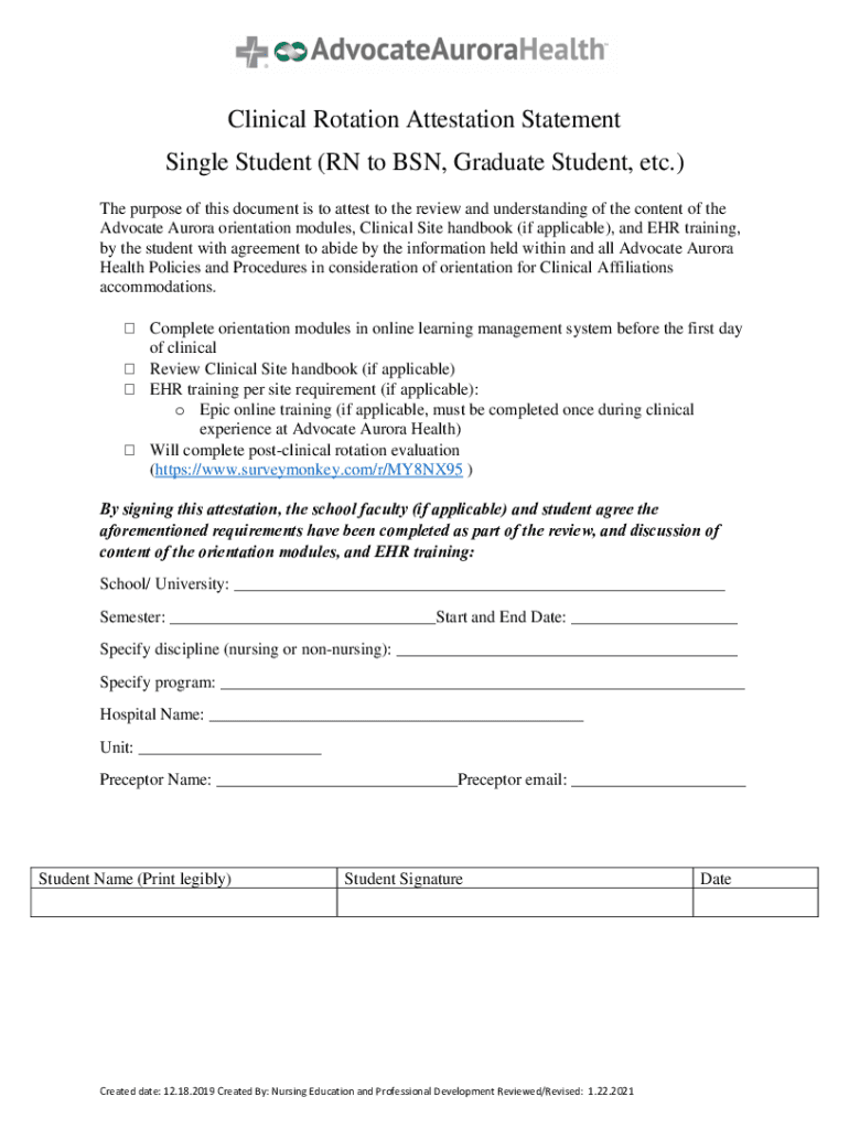 Fillable Online Clinical Rotation Attestation Statement Single Student ...