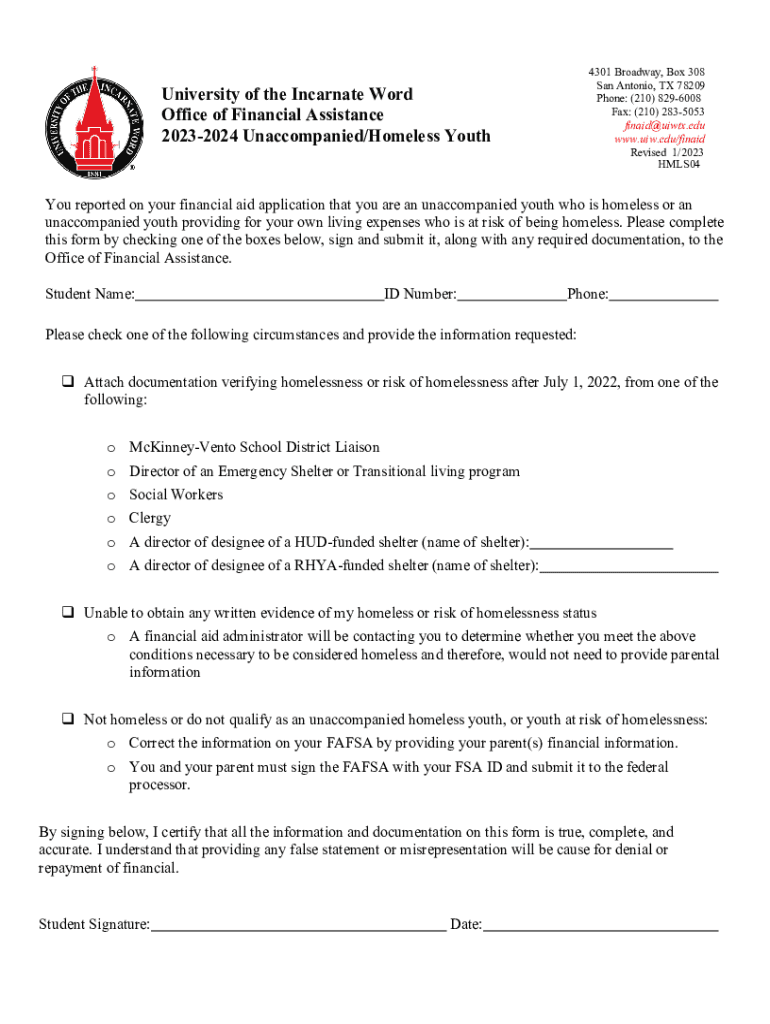 Fillable Online University of the Incarnate Word Office of Financial Assistance Fax Email Print ...