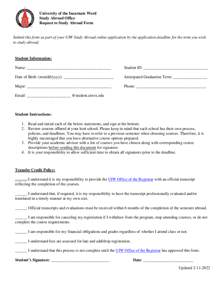 Fillable Online Study Abroad in the USA at University of the Incarnate Word Fax Email Print ...
