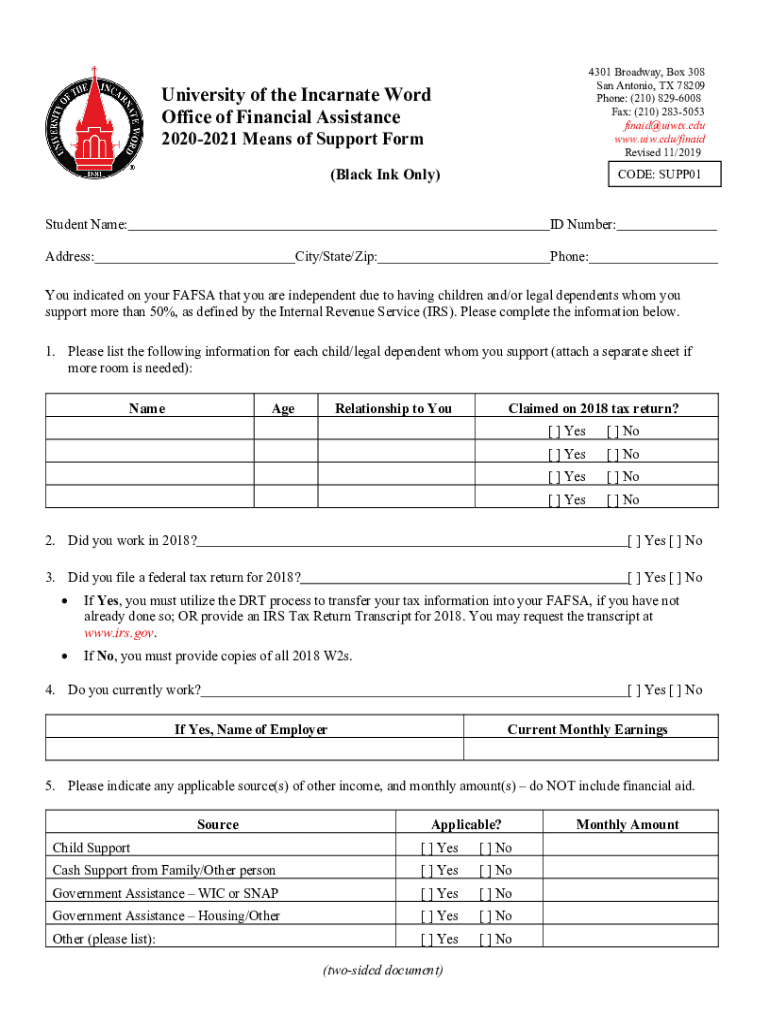Fillable Online 2020-2021 Means of Support Form Fax Email Print - pdfFiller