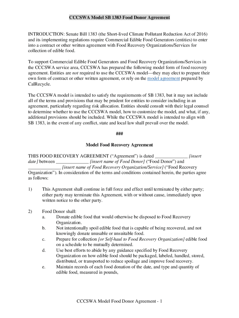 Fillable Online CCCSWA Model SB 1383 Food Donor Agreement Fax Email ...