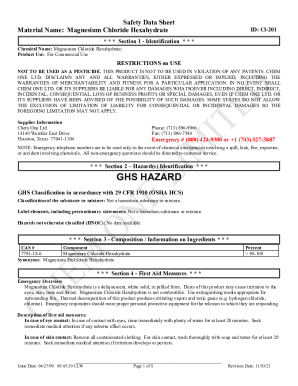 Fillable Online Magnesium Chloride Hex. Material Safety Data Sheet Fax ...