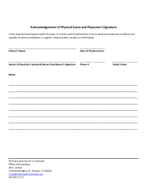 Fillable Online Acknowledgement of Physical Exam and Physician's ...