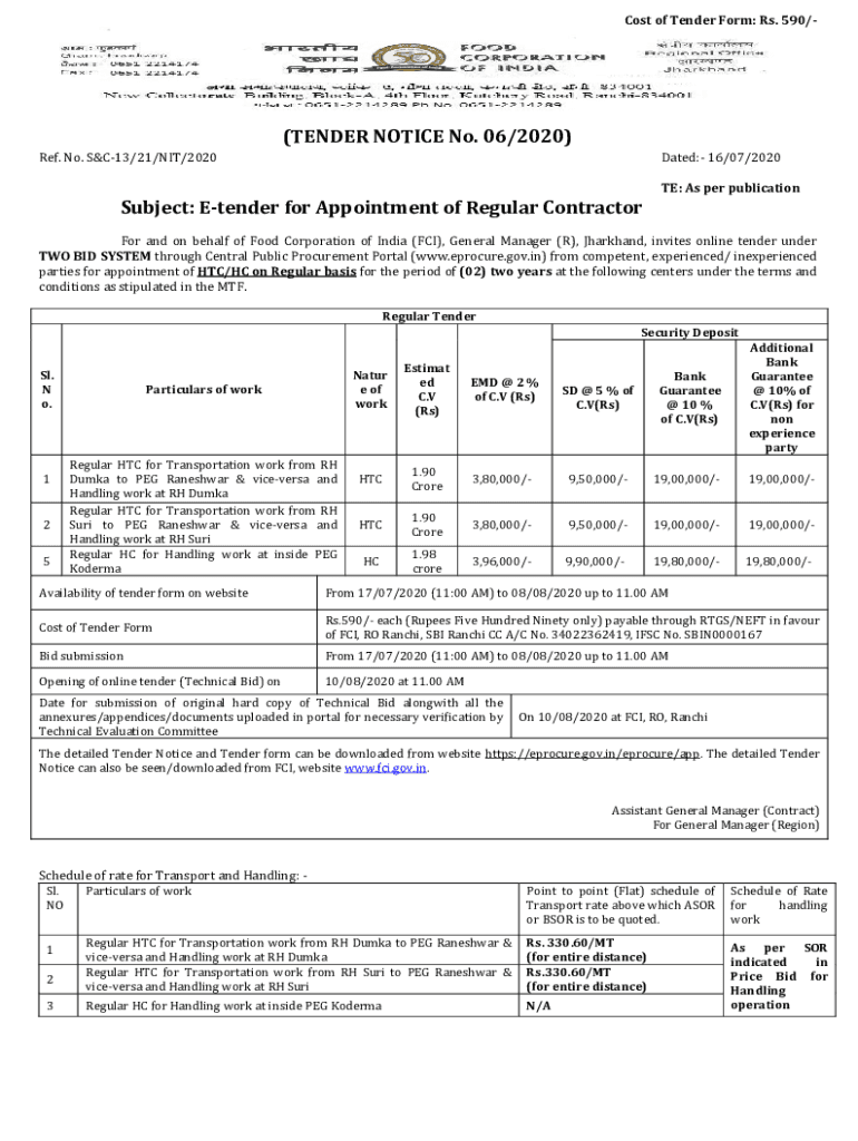 Fillable Online fci gov E-tender for Appointment of Regular Contractor ...