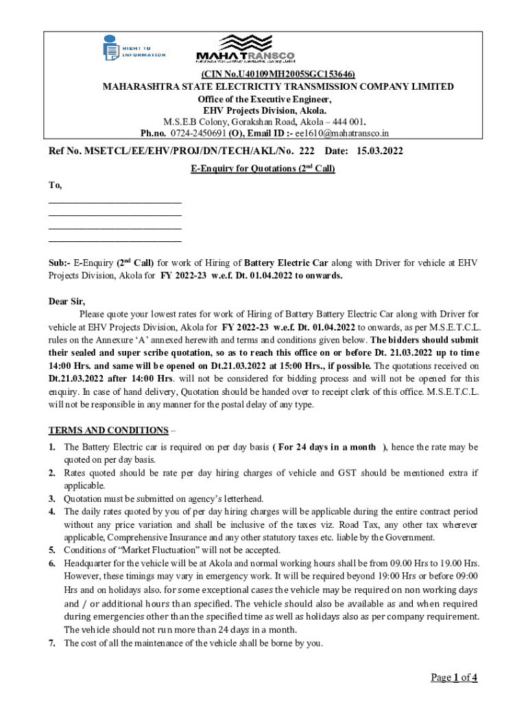 Fillable Online EHV Projects Division, Akola Fax Email Print - pdfFiller