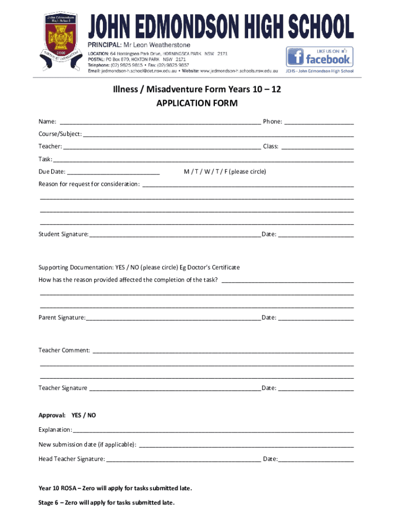 Fillable Online Illness / Misadventure Form Years 1012 APPLICATION FORM ...