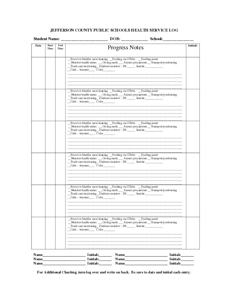 Fillable Online JEFFERSON COUNTY PUBLIC SCHOOLS HEALTH SERVICE LOG ...