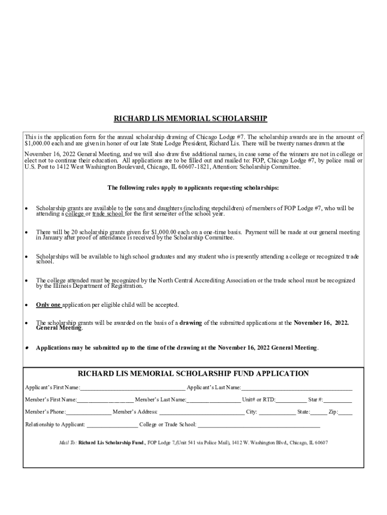 Fillable Online richard lis memorial scholarship - Chicago FOP Lodge #7 Fax Email Print - pdfFiller