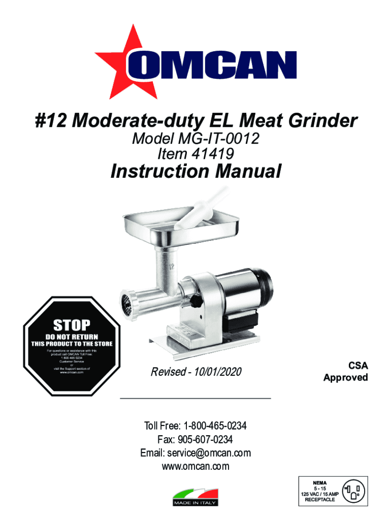 Fillable Online #12 Moderate-duty EL Meat Grinder Instruction Manual - Omcan Fax Email Print ...